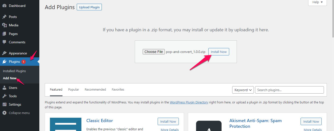 Install and Activate Pop and Convert Plugin - Pop and Convert